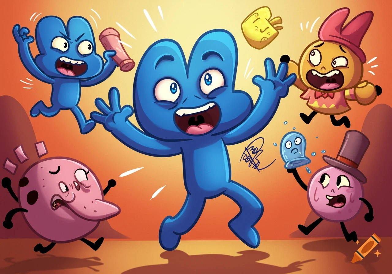 Several excited and chaotic cartoon characters from Battle for Dream ...