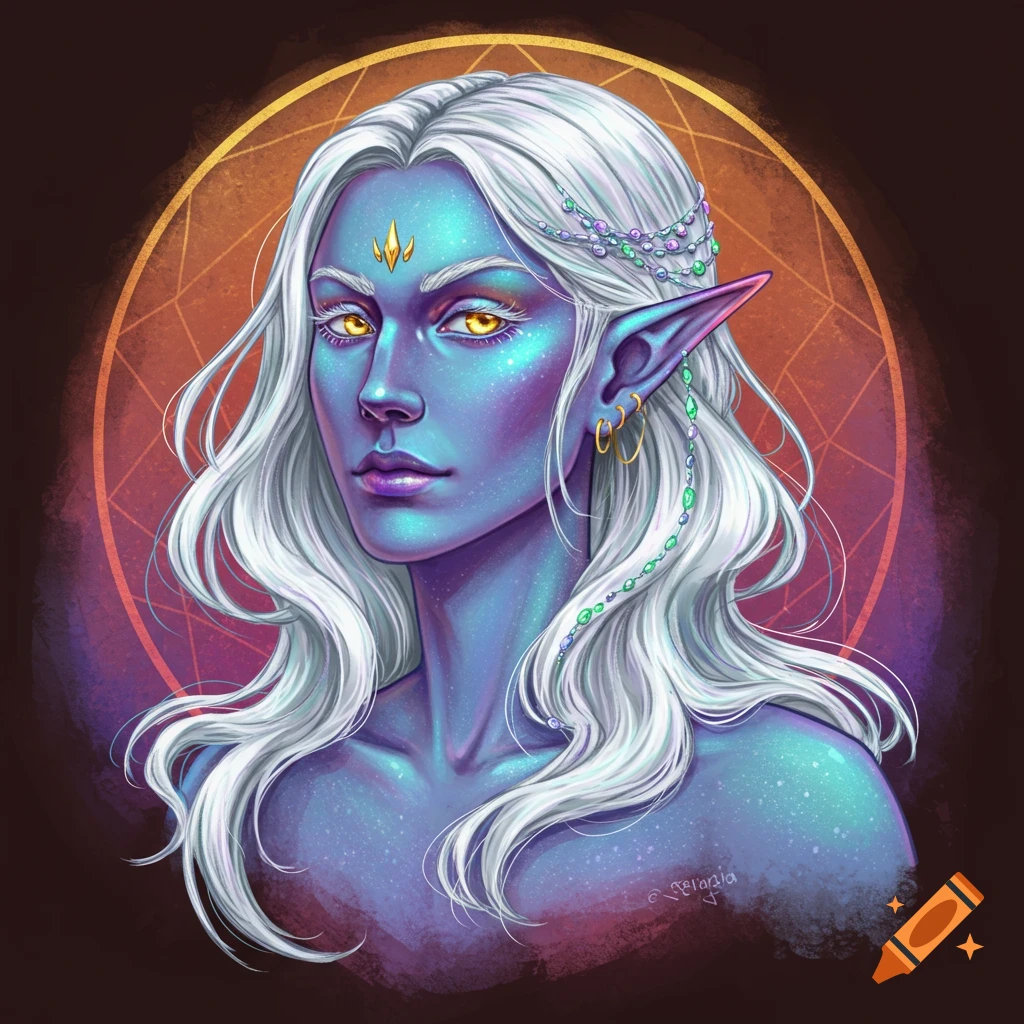 Portrait of a blue-skinned fantasy elf with white hair and yellow eyes ...