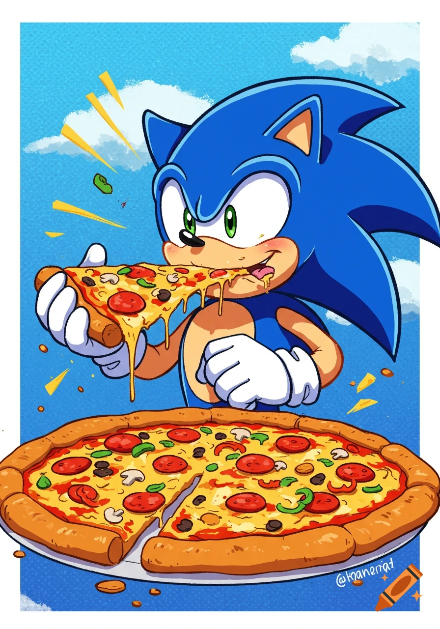 Cartoon Sonic the Hedgehog happily eating a slice of pizza in front of ...