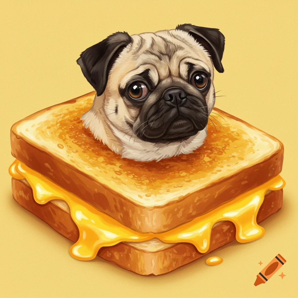 Illustration of a pug head on a grilled cheese sandwich. on Craiyon