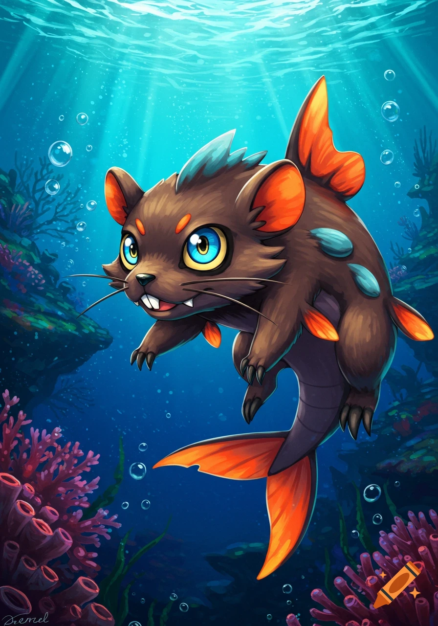 Cartoon rat-fish creature swimming underwater with coral and bubbles ...