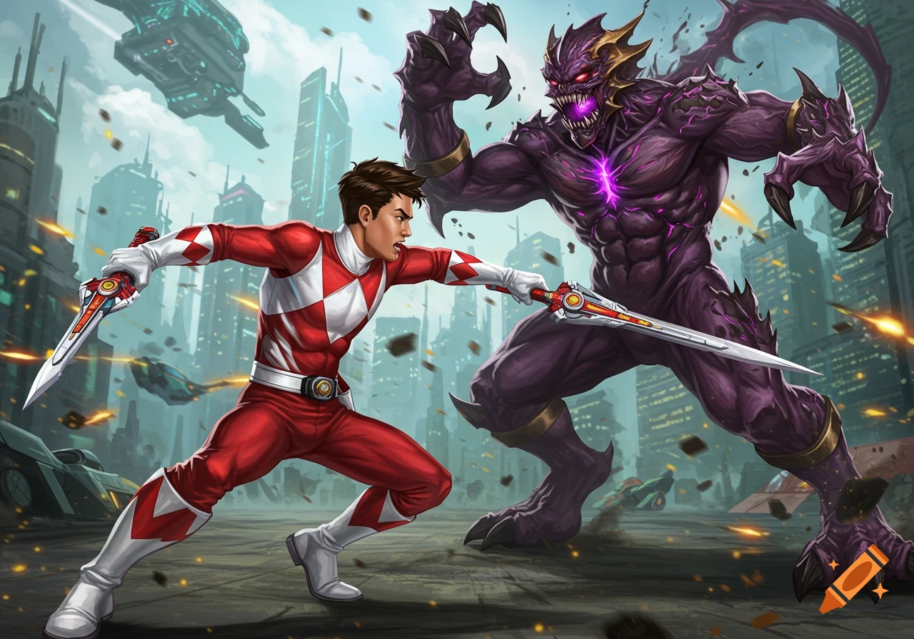 Red Power Ranger fighting a purple monster in a futuristic city. on Craiyon