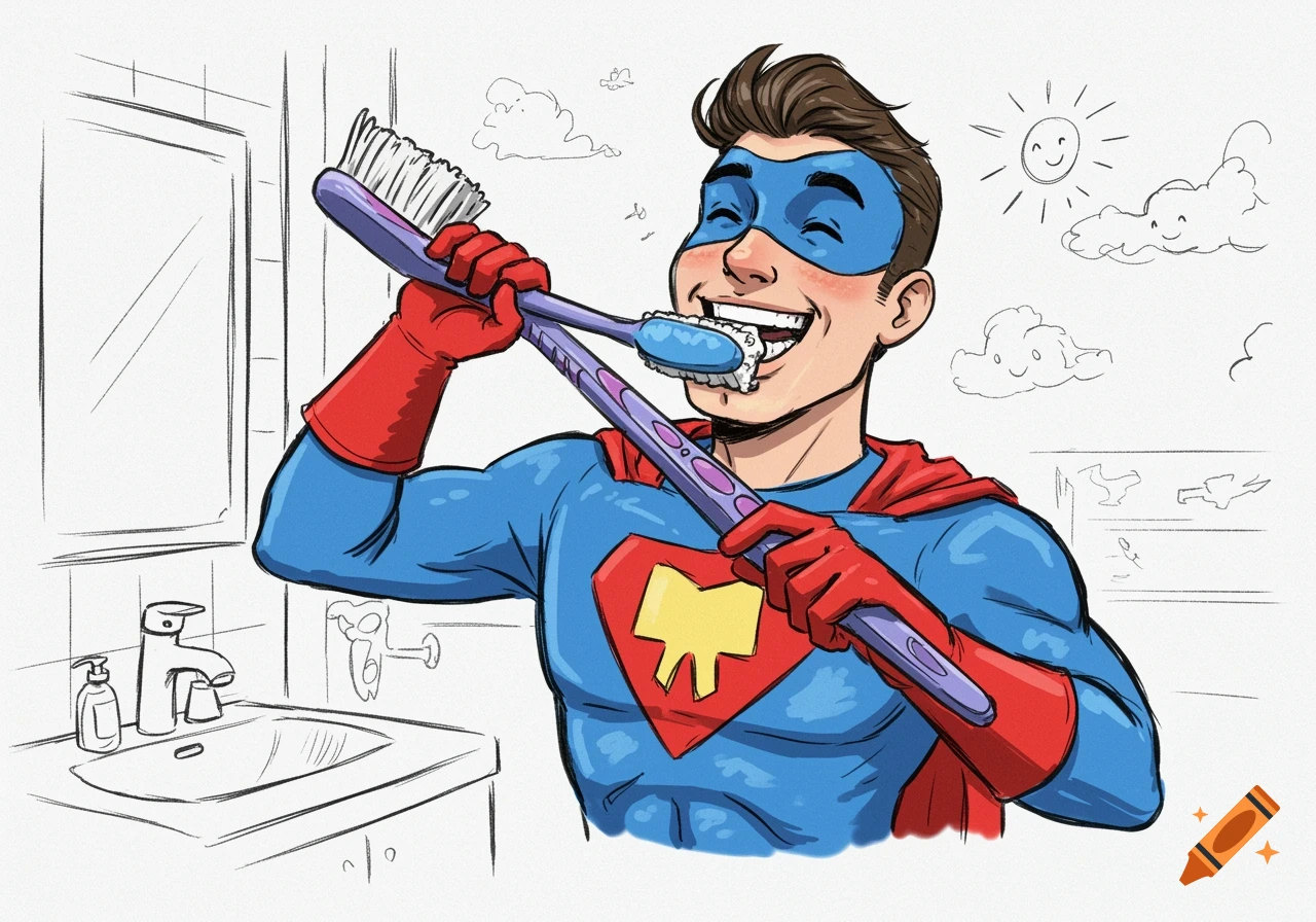 A cartoon superhero in a blue and red costume smiles while brushing his ...
