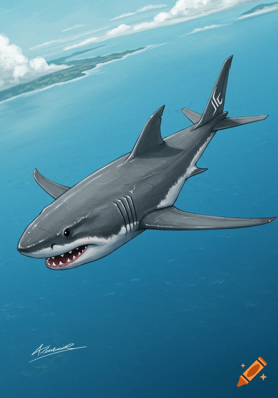 Illustration of a grey shark with airplane wings and tail fin flying ...