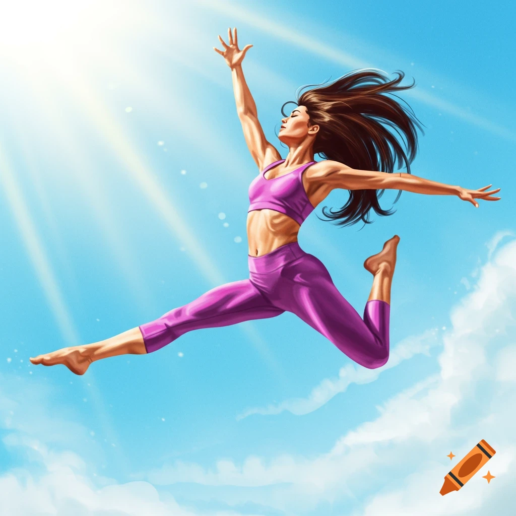 Woman in purple athletic wear jumping in a sunny blue sky with clouds ...