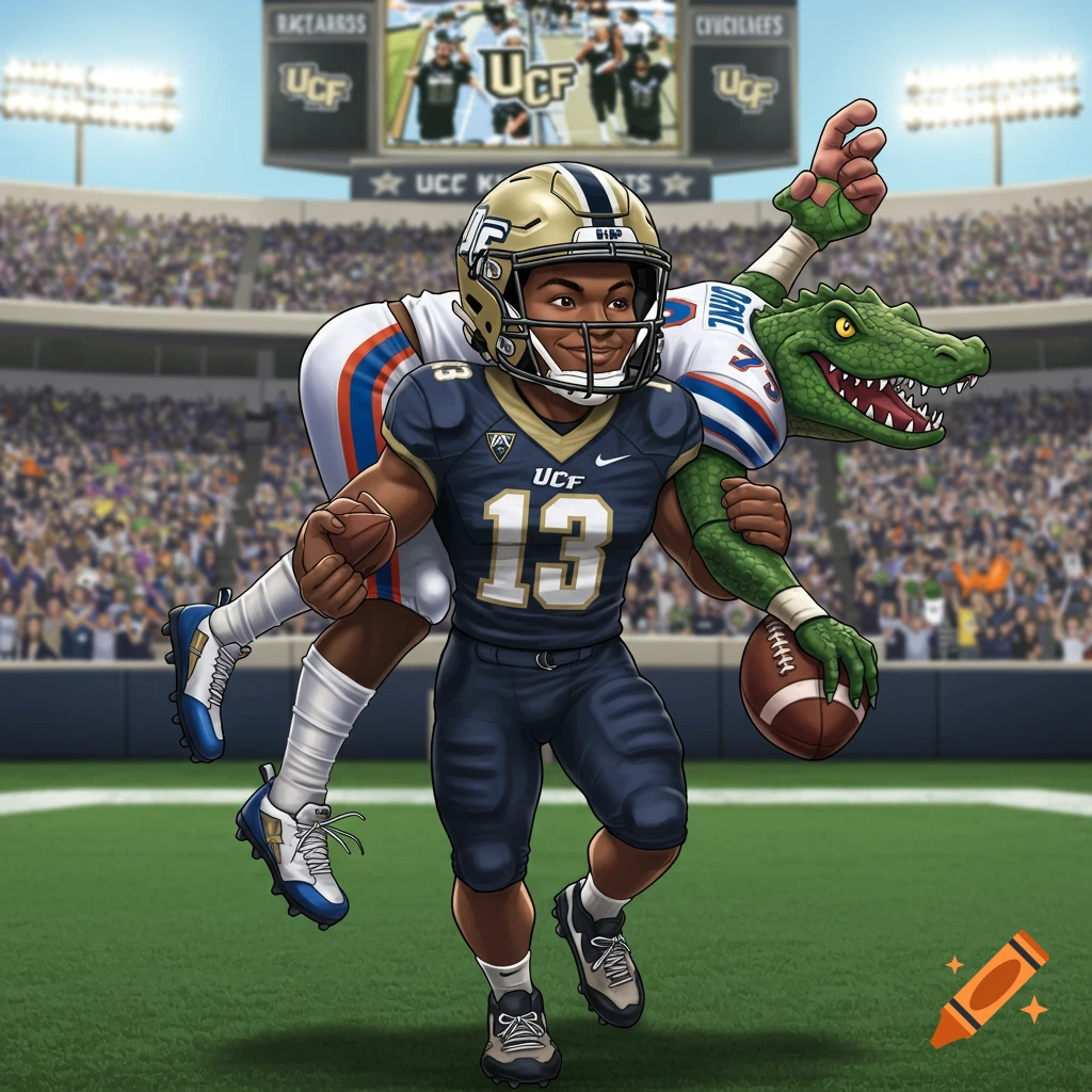 Cartoon football player in a UCF uniform carrying a UF gator on his ...