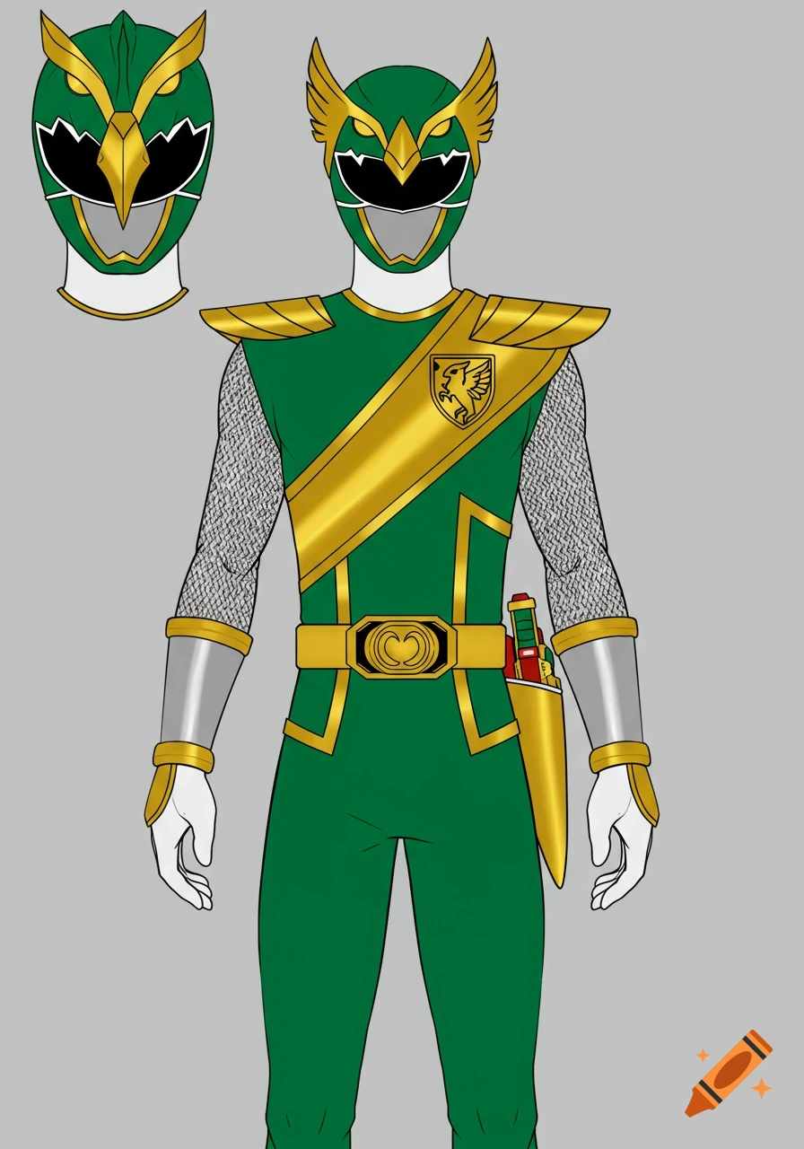 Illustration of a Green Knight Ranger suit with owl/gryphon helmet ...