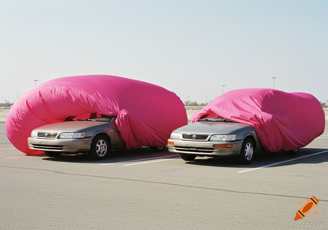 Two cars under large pink inflatable covers in a parking lot. on Craiyon