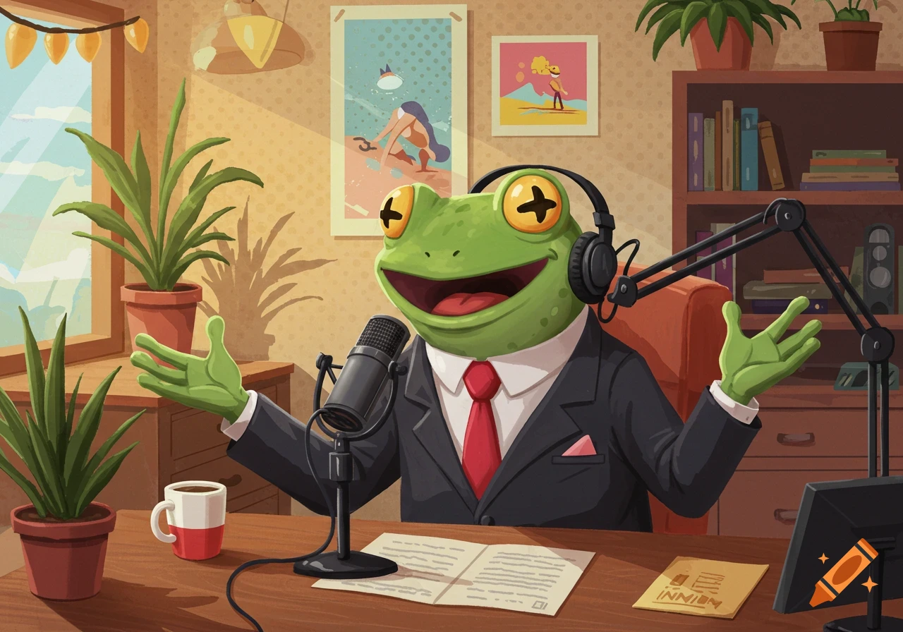 An illustration of a cartoon frog wearing a suit and headphones hosting ...