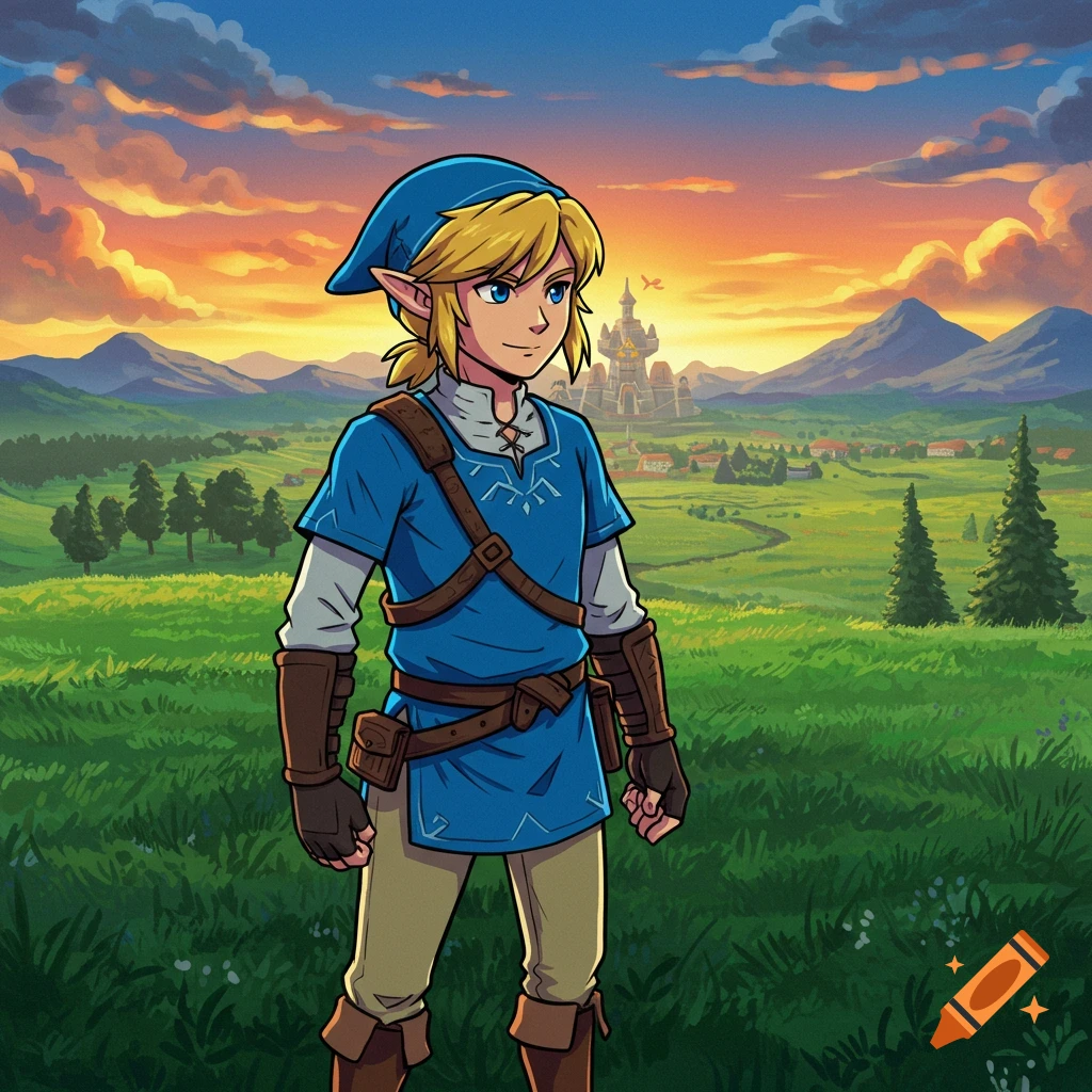 Cartoon Link stands in a field with a castle in the distance at sunset ...