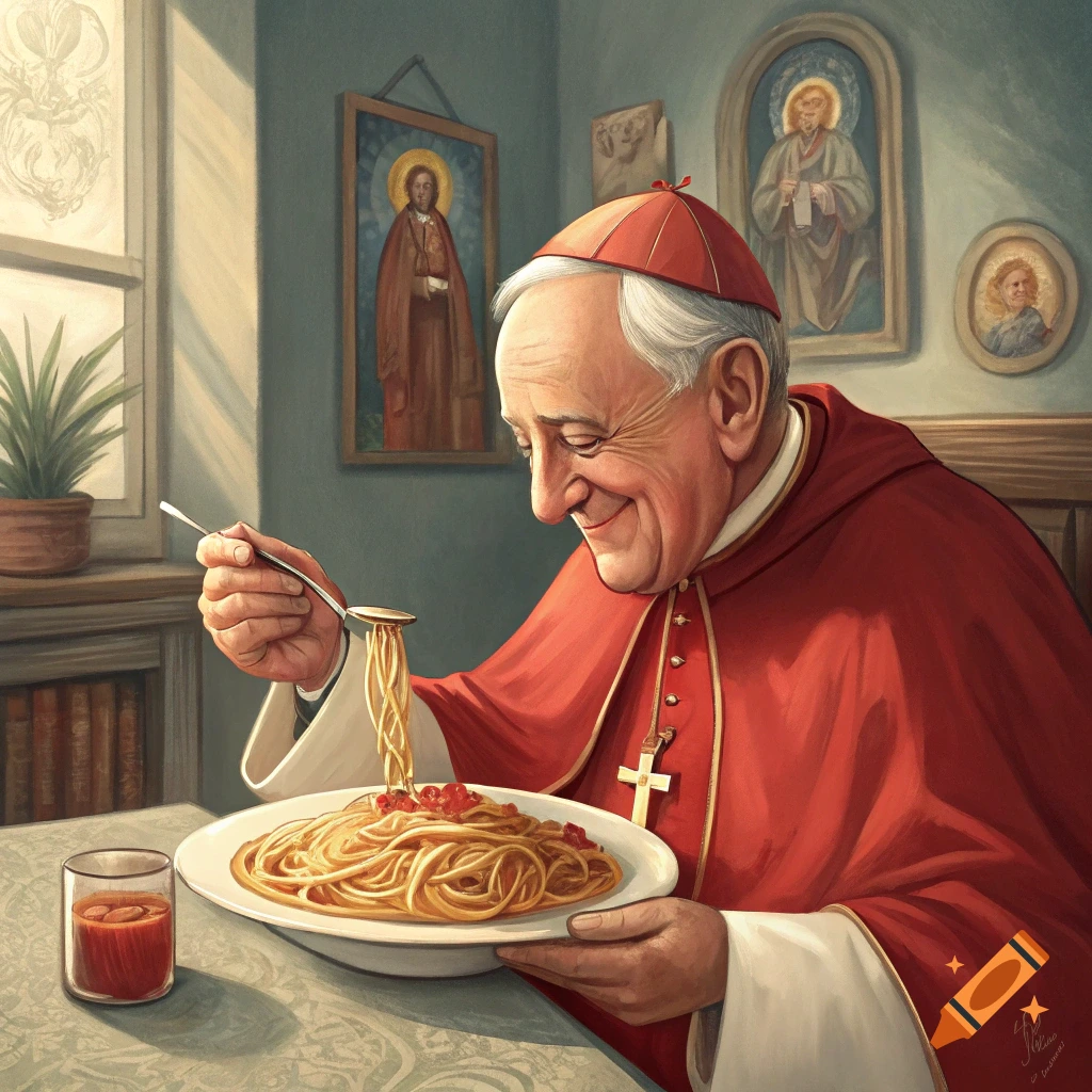 A smiling cardinal in red robes eats a plate of spaghetti in a room ...