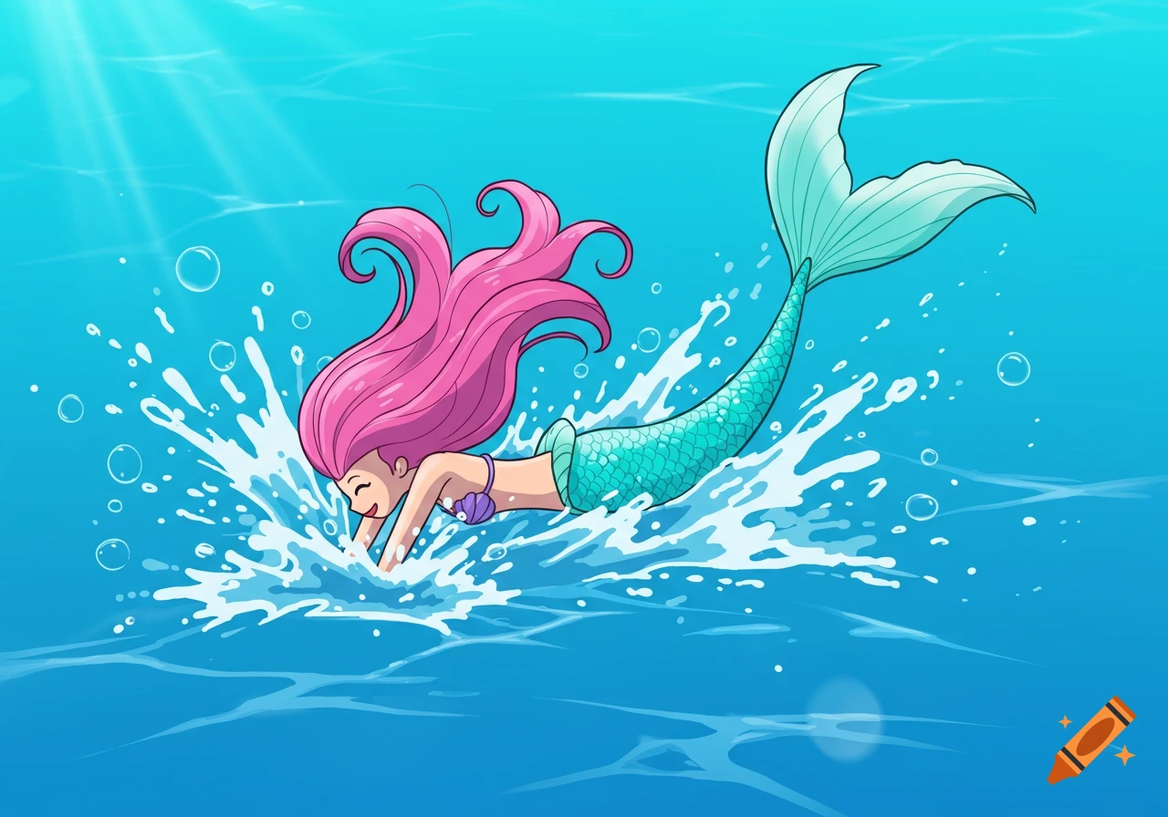 Cartoon mermaid with pink hair and blue tail splashing in blue ocean ...