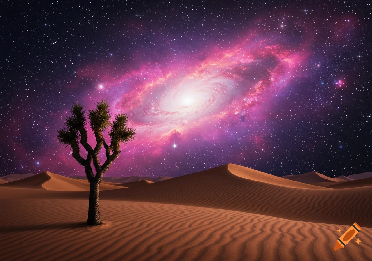 A Joshua tree stands in a desert under a starry sky and a vibrant pink ...