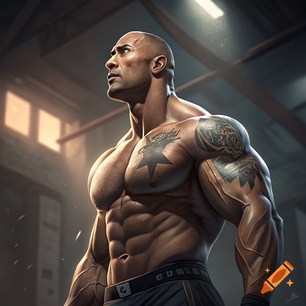 Muscular man resembling Dwayne 'The Rock' Johnson in a gym, lit from ...
