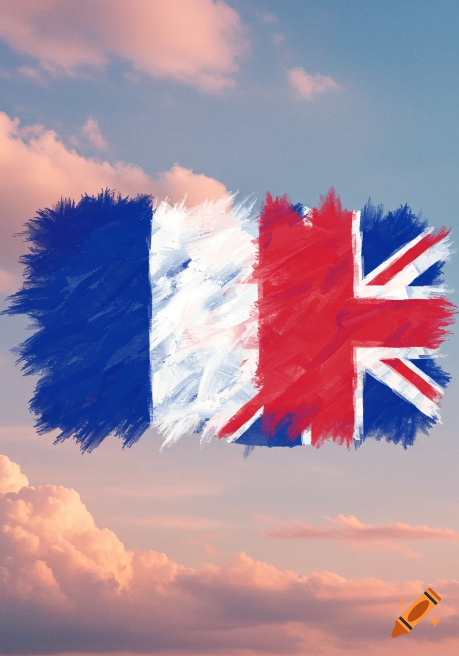 Brushstroke style French and British flags against a cloudy sky. on Craiyon