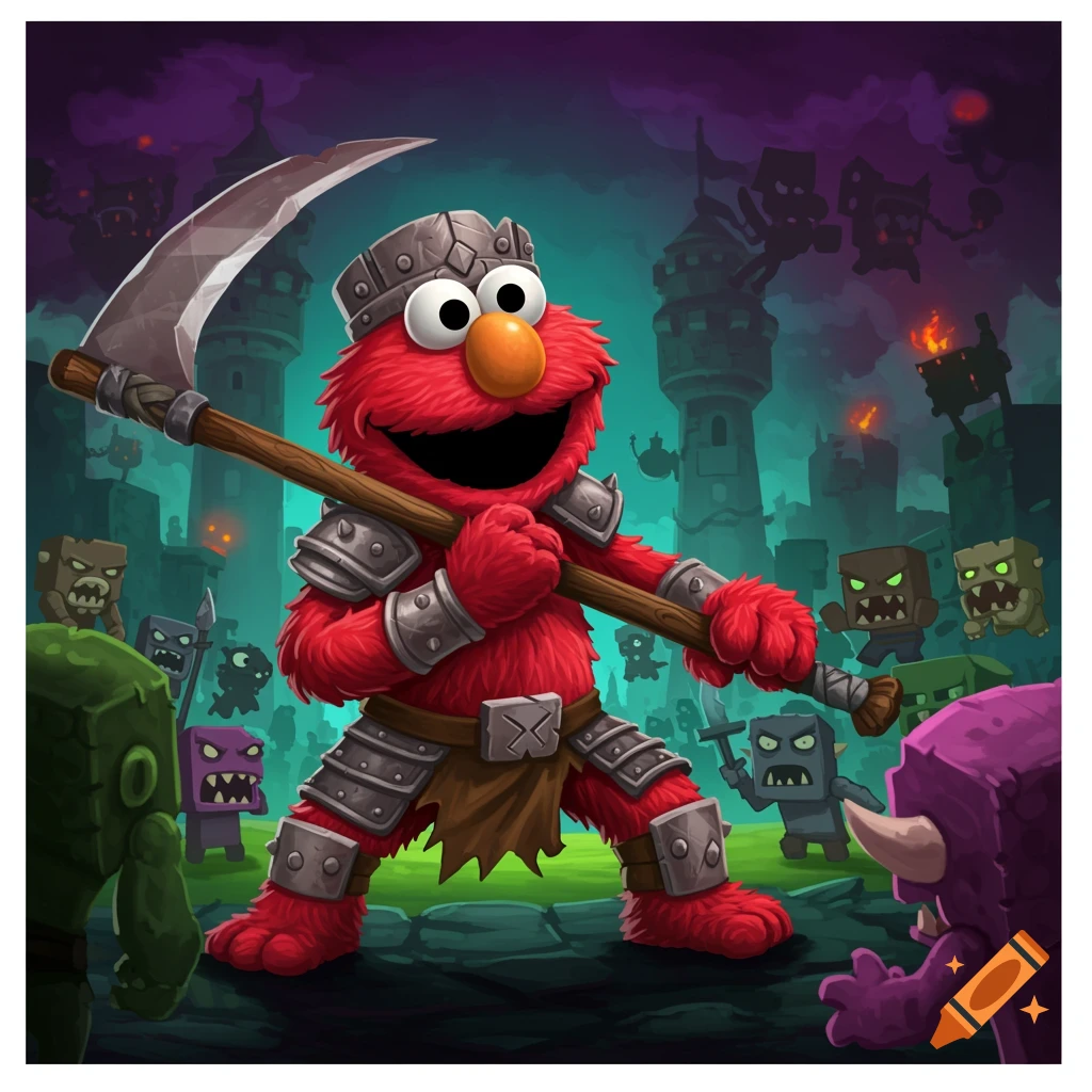 Elmo in armor with a sickle stands in a fantasy castle scene with ...