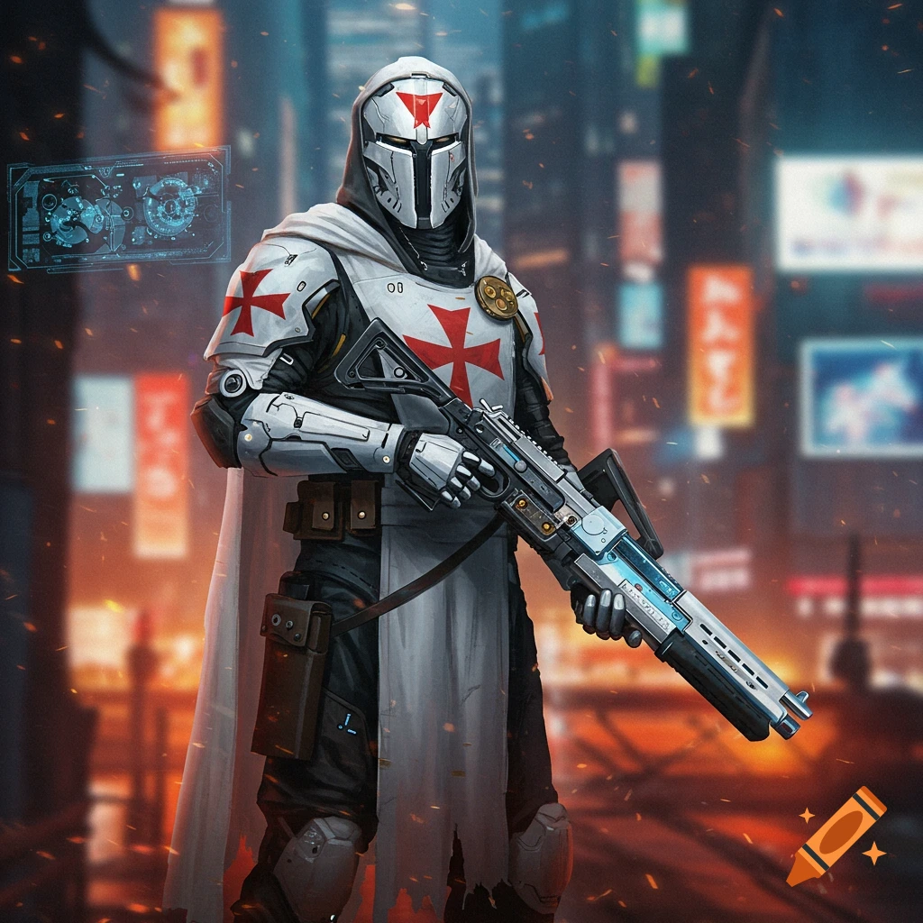 Futuristic Templar soldier in armor with a rifle in a cyberpunk city. on Craiyon