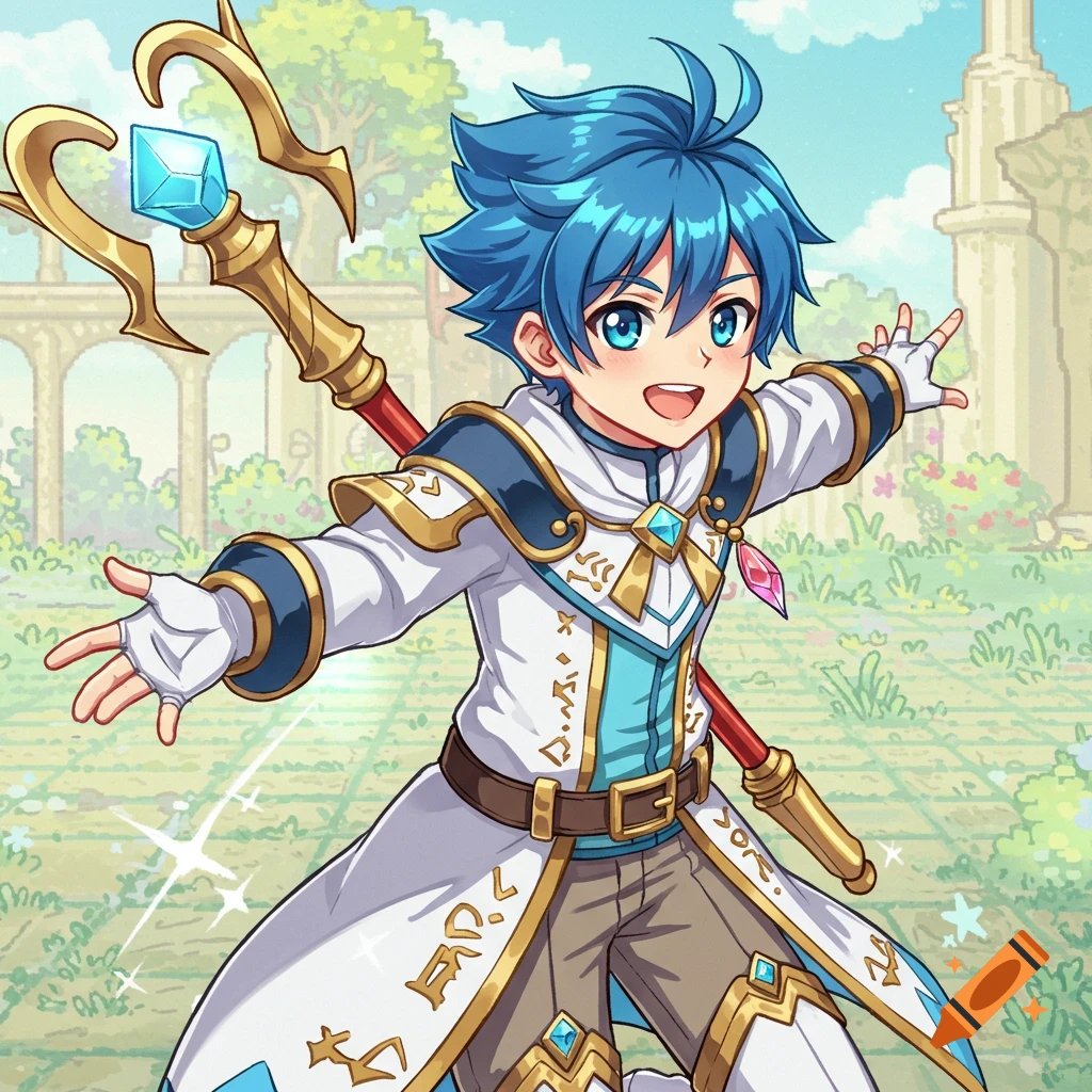 Cheerful anime boy mage in fantasy robe holding staff, outdoor scene ...