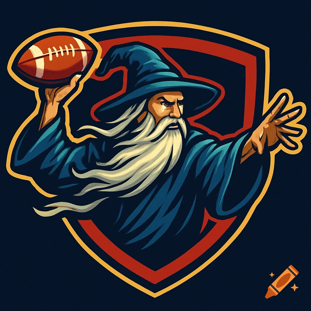 Illustration of a wizard throwing a football in front of a shield ...