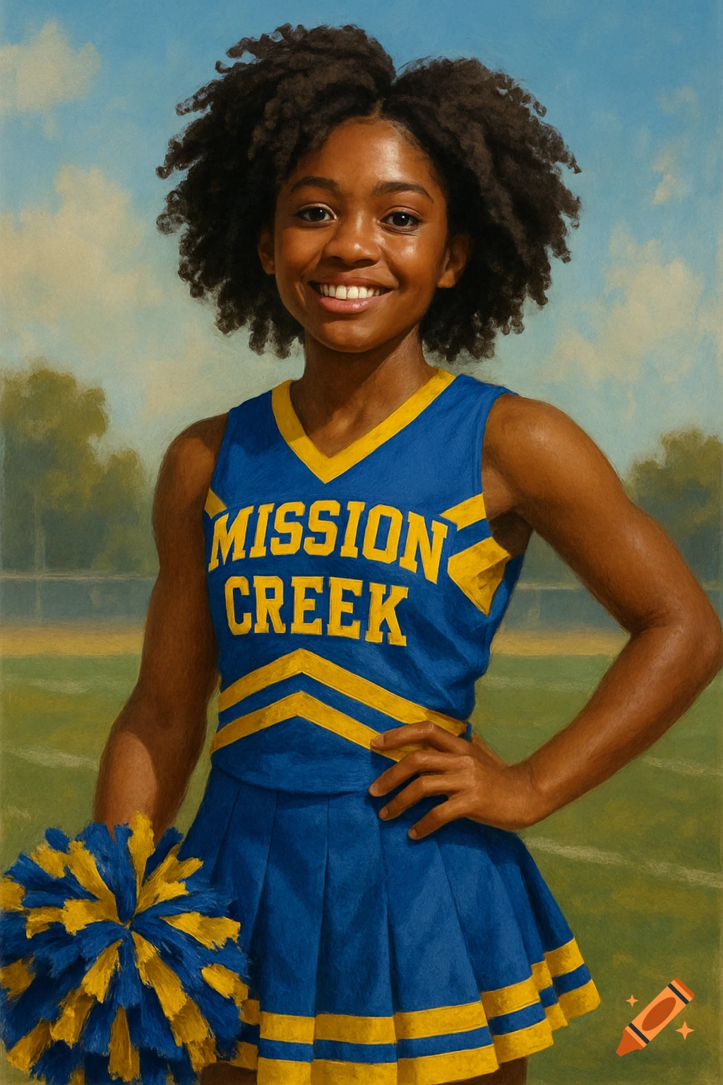 A young Black girl in a blue and yellow cheer uniform stands on a field ...