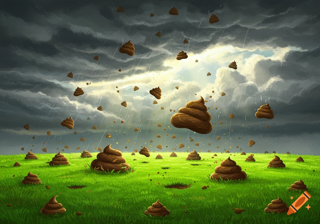 Cartoonish poop raining from stormy sky onto a grassy field with poop ...