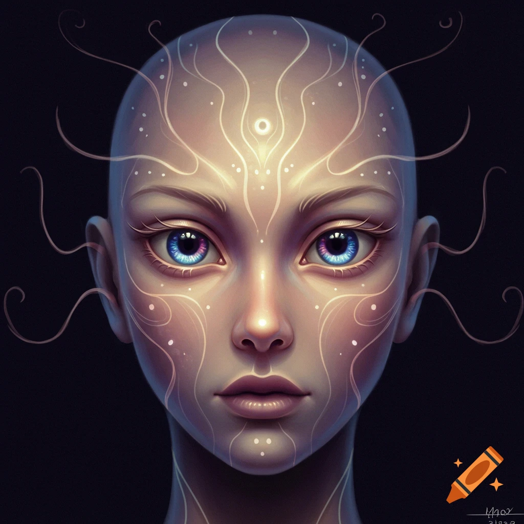 Close-up portrait of a stylized alien-like face with glowing white ...