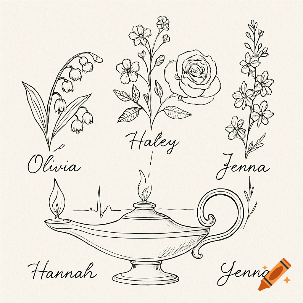 Line drawing tattoo design with a lamp, four flowers, and names Olivia ...