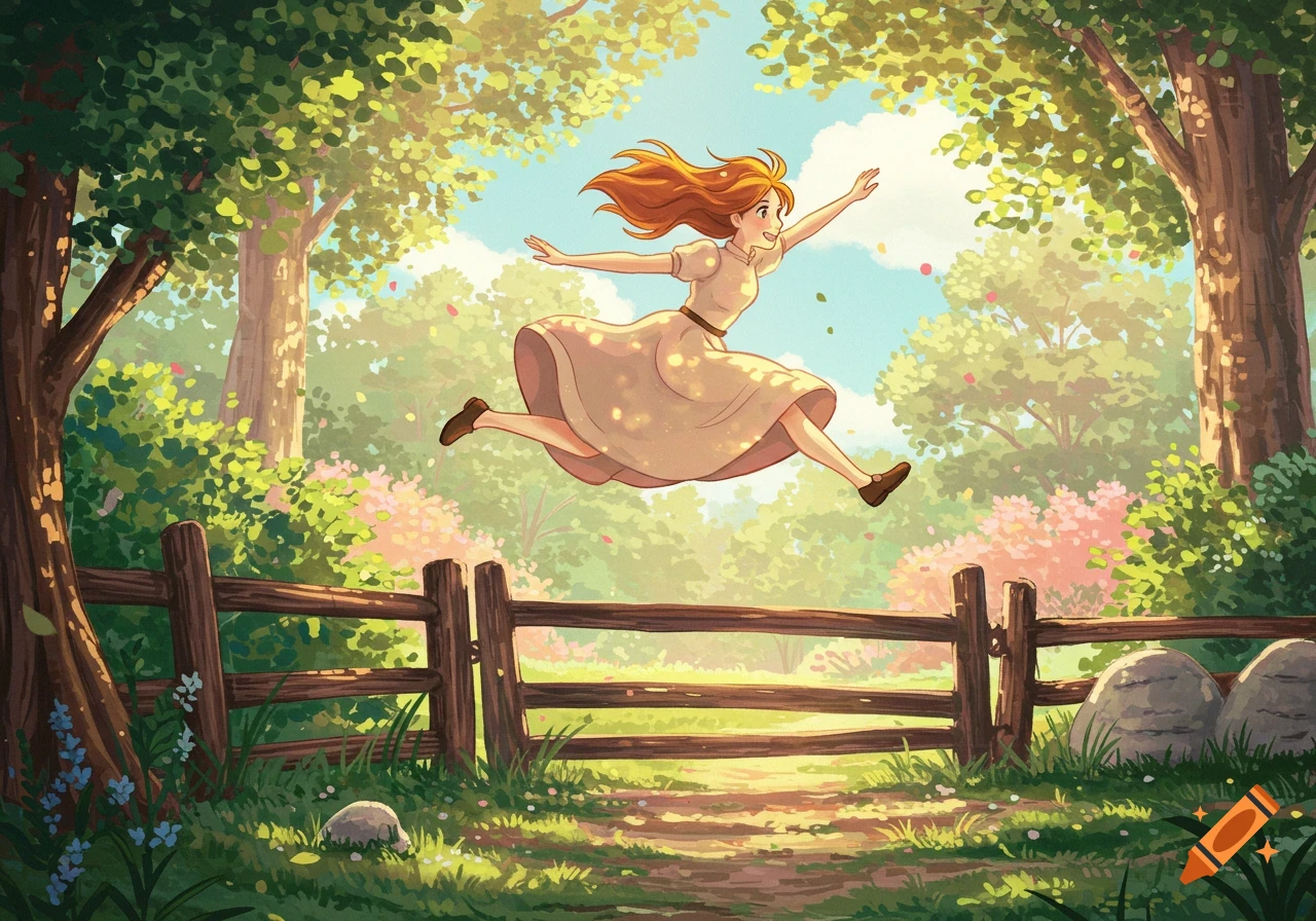 Woman jumping over a wooden fence in a sunny forest path, in a ghibli ...