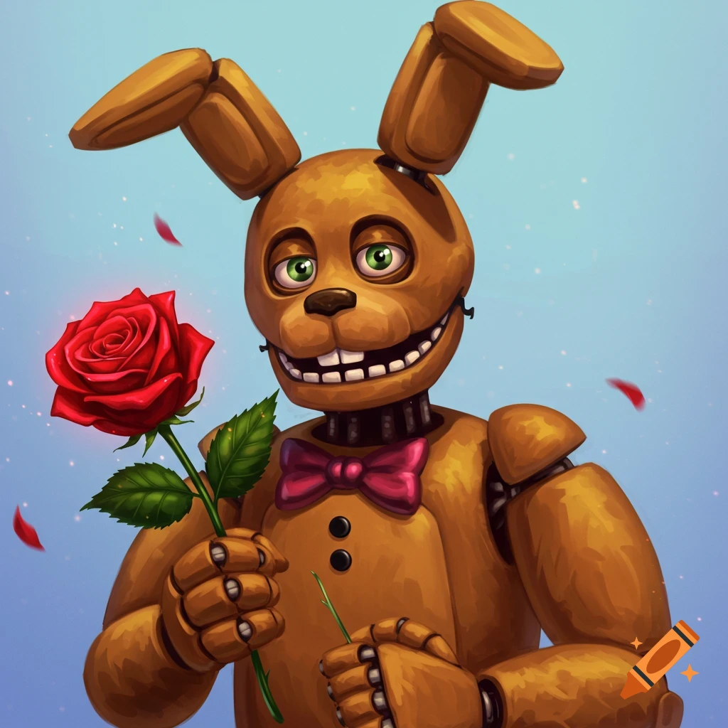 Illustration of Spring Bonnie from FNAF holding a red rose on Craiyon