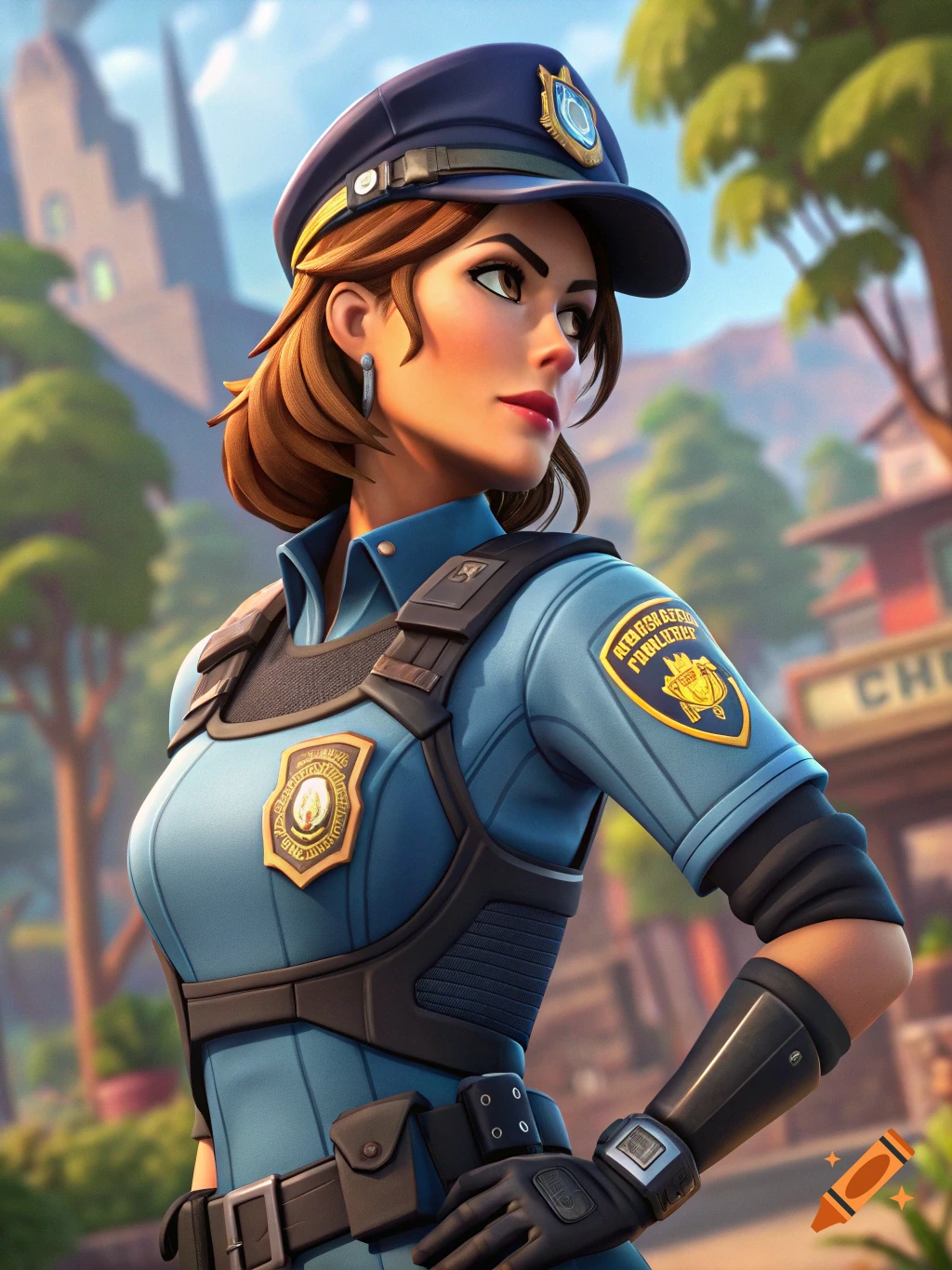 Stylized female police officer in tactical gear and uniform looking ...