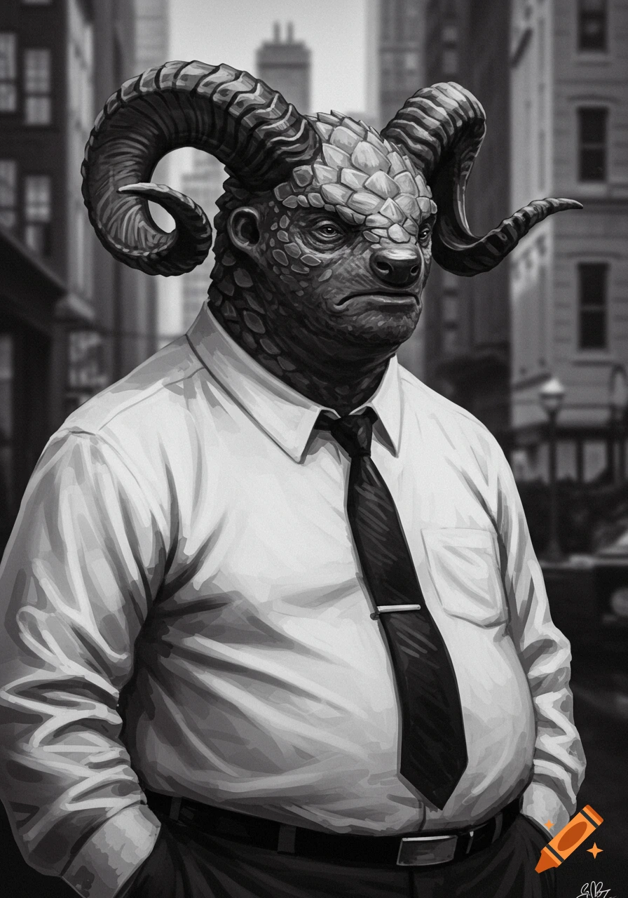 Black and white illustration of a scaled, humanoid creature with ram ...