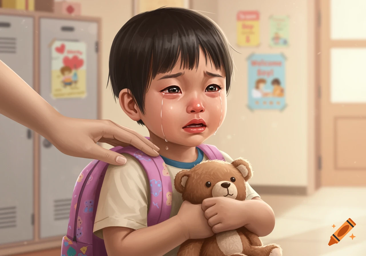 A crying child with a backpack and teddy bear is comforted by an adult ...
