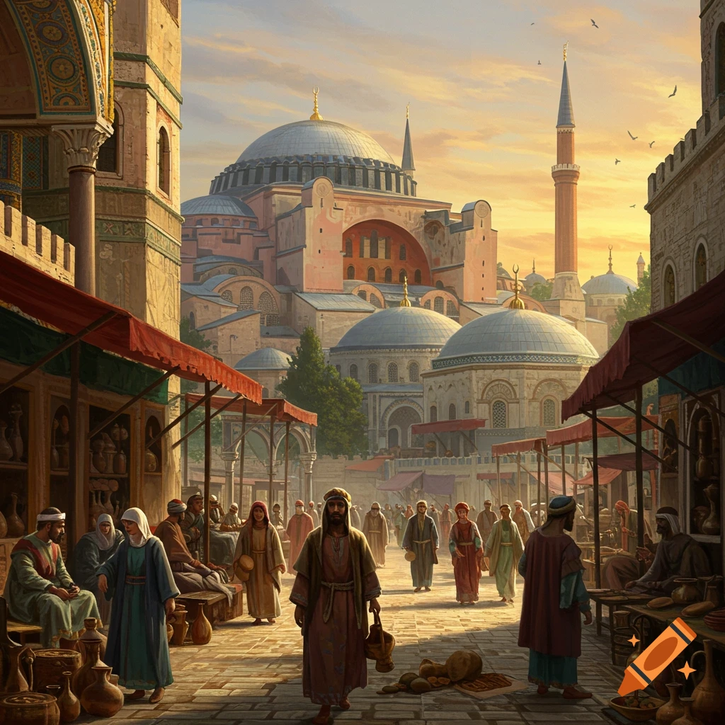 A bustling historical street market in Constantinople with large domed ...