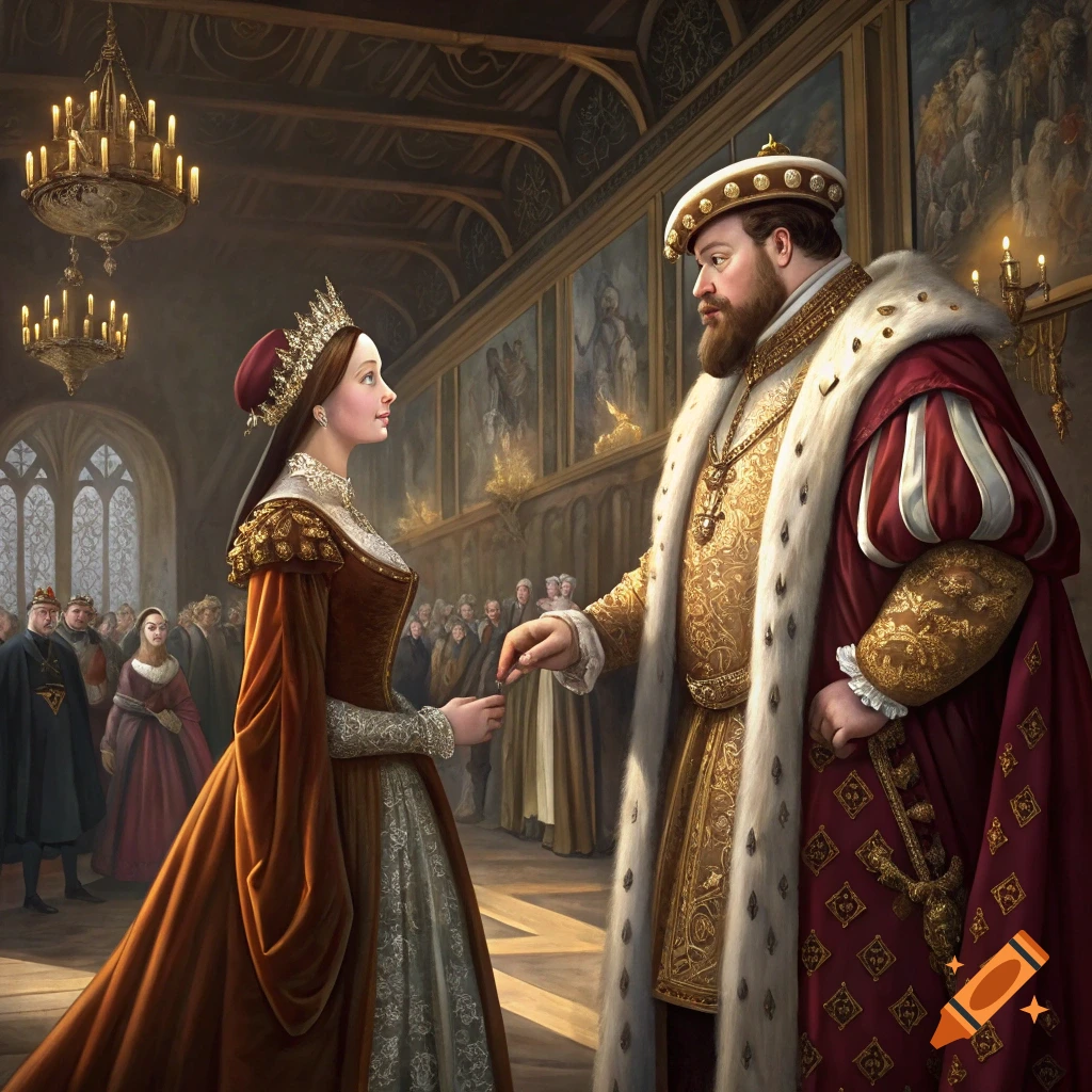 Man in kingly robes and woman in crown and period dress in a grand hall ...