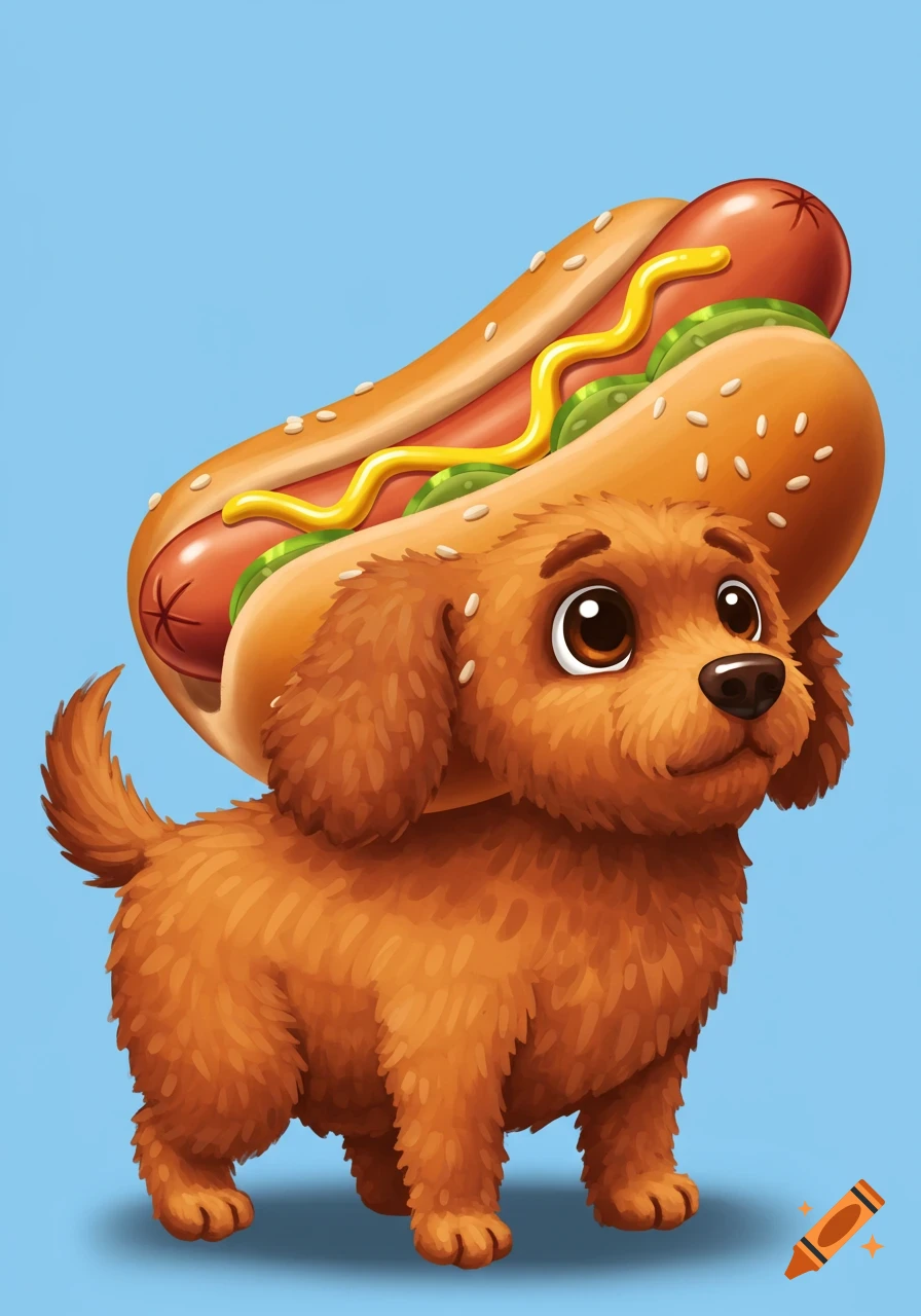 Cute cartoon dog wearing a hotdog bun on its head against a blue ...