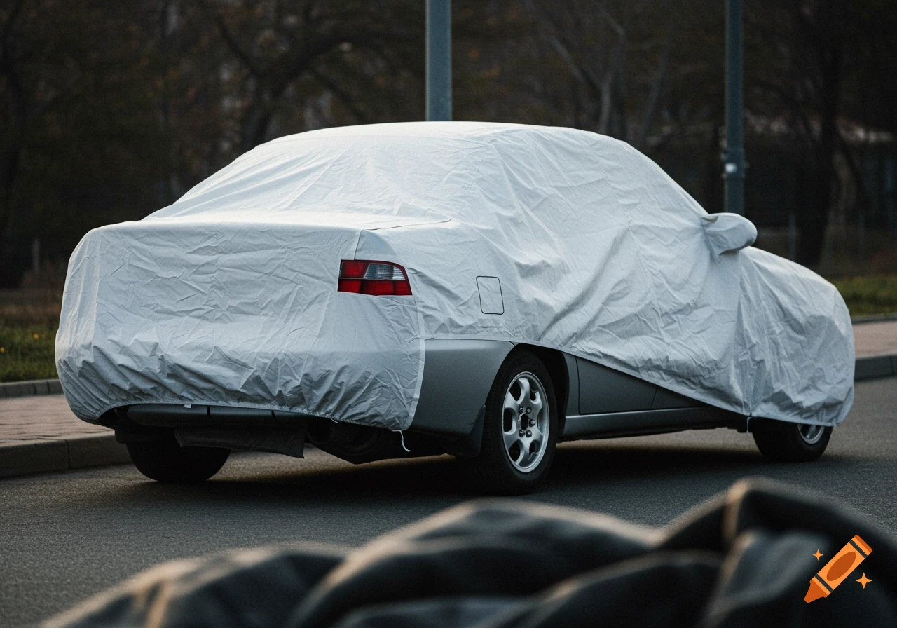 Rear view of a car covered by a white car cover parked on a street. on ...
