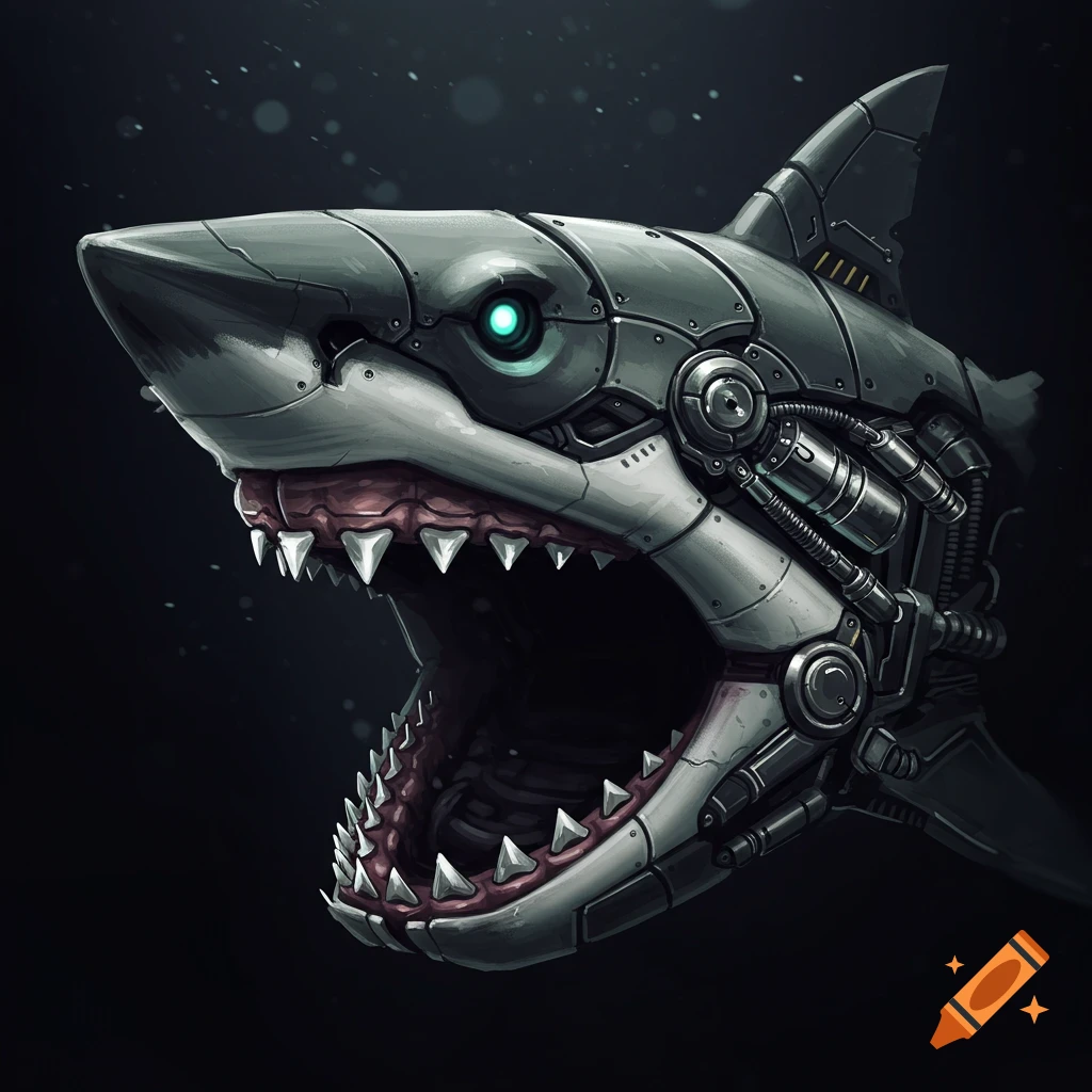 Illustrated close-up of a detailed robotic shark head with its mouth open, showing mechanical ...
