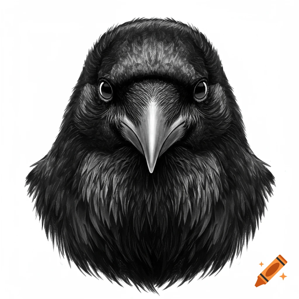 Black and white illustration of a raven's head facing forward. on Craiyon