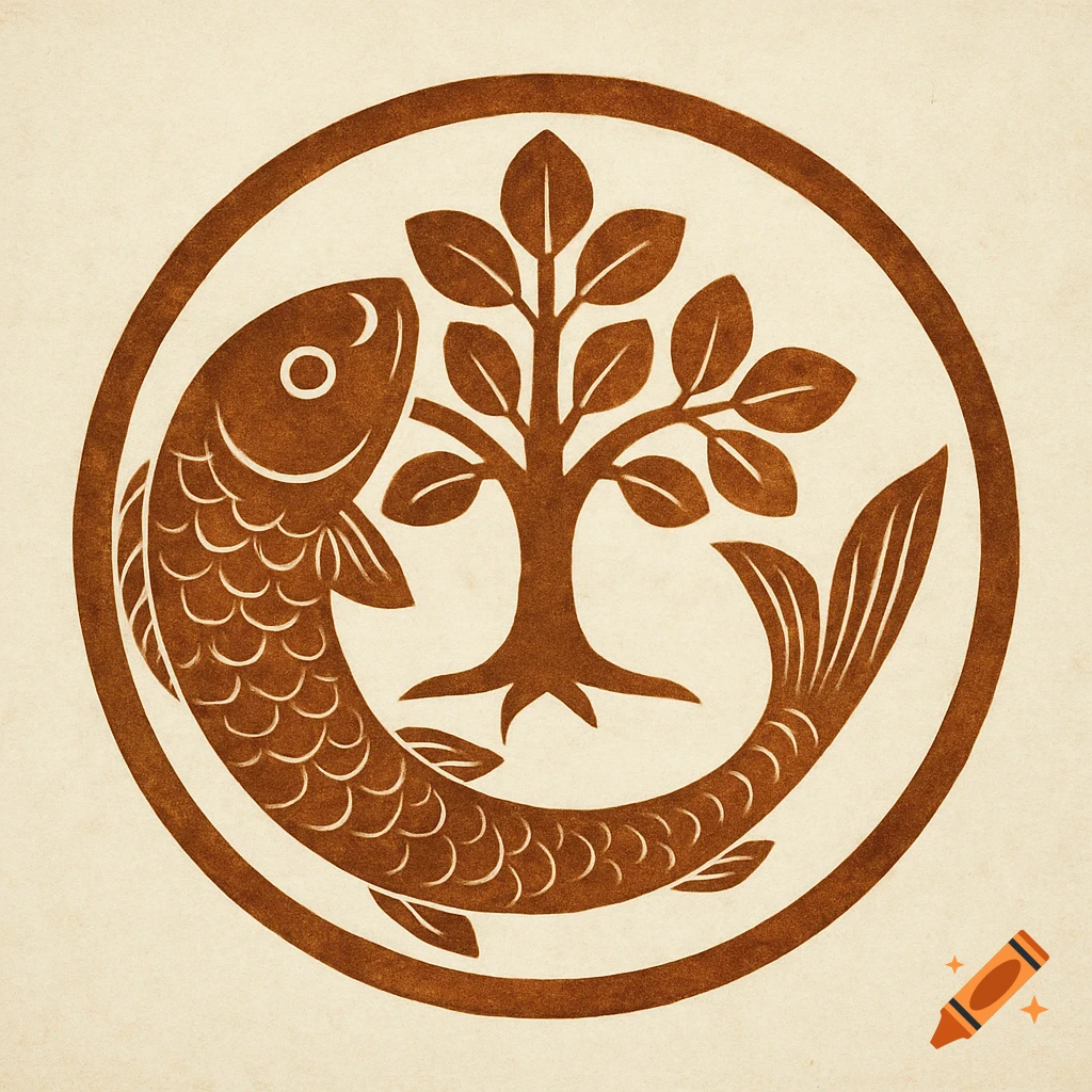 A brown stylized crest or kamon featuring a koi fish curved around a ...