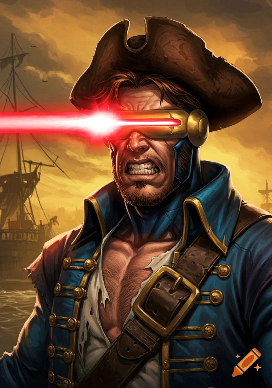Cyclops character in a pirate hat and coat fires a red optic blast on a ...