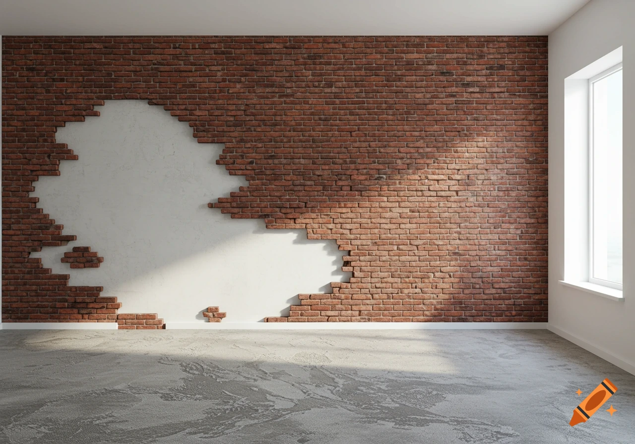 Empty room with a red brick wall section crumbling away to show white ...