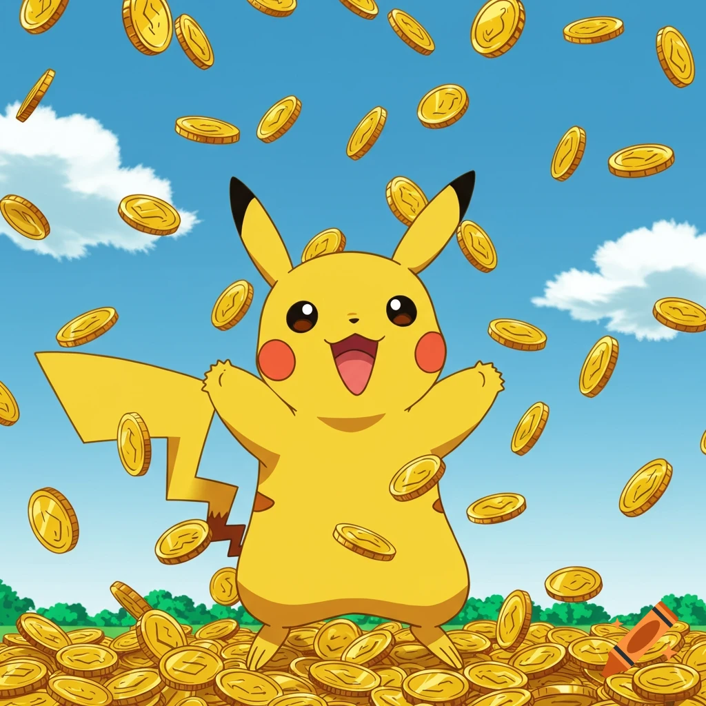 Pikachu stands on a pile of gold coins as more coins rain down from the ...