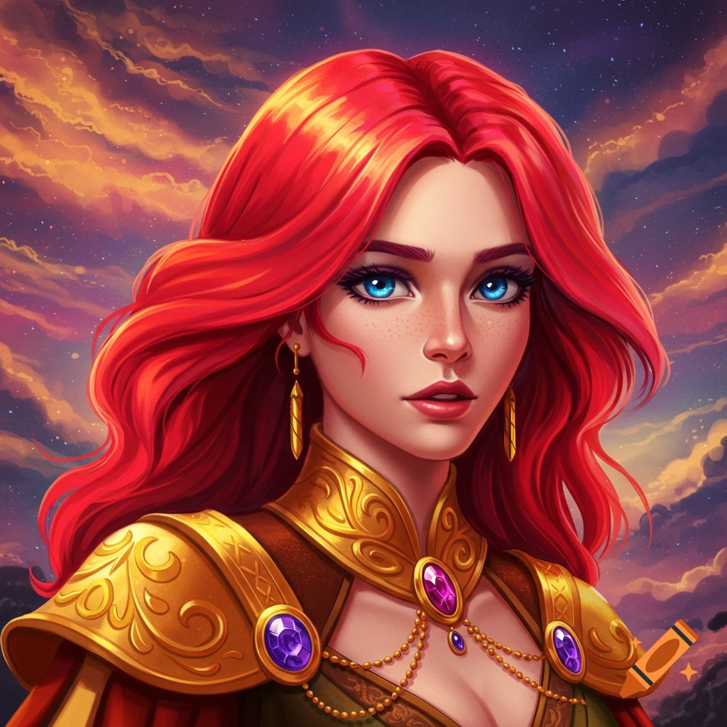 Fantasy portrait of a red-haired woman in golden armor against a ...