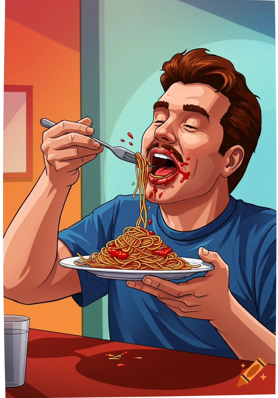 Illustration of a man with a mustache eating a large plate of spaghetti ...