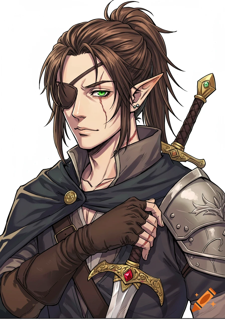 Manga portrait of a half-elf man with an eyepatch, scar, cloak, and ...