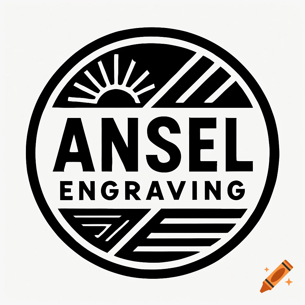 Black and white circular logo with 'Ansel Engraving' text and abstract ...