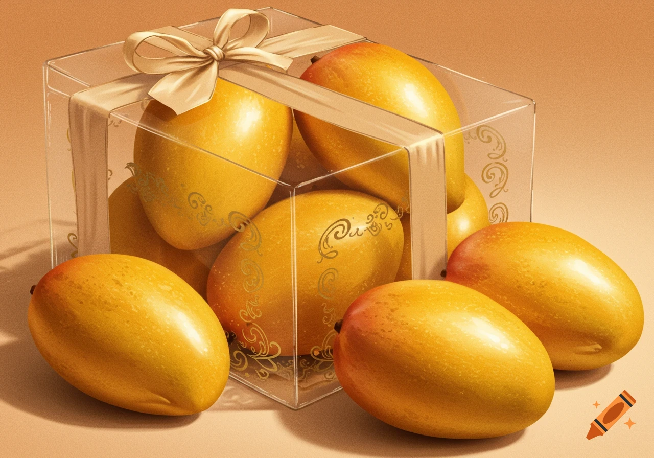 Several ripe mangoes in and around a clear gift box tied with a ribbon ...