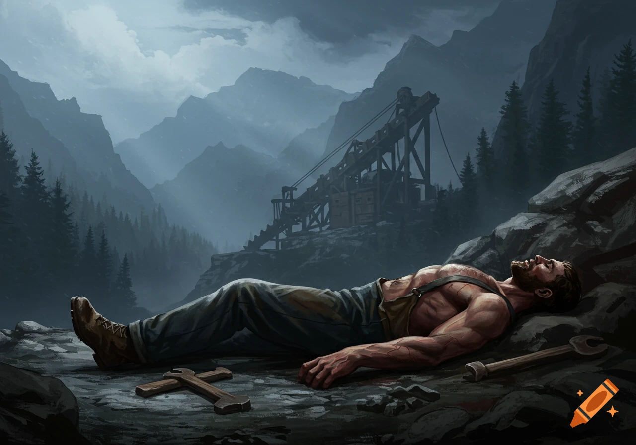 Muscular man lies dead in a mountain valley next to mining equipment ...