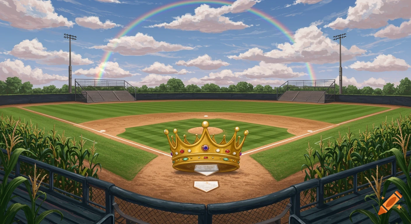 A baseball field with a golden crown on home plate, surrounded by corn ...