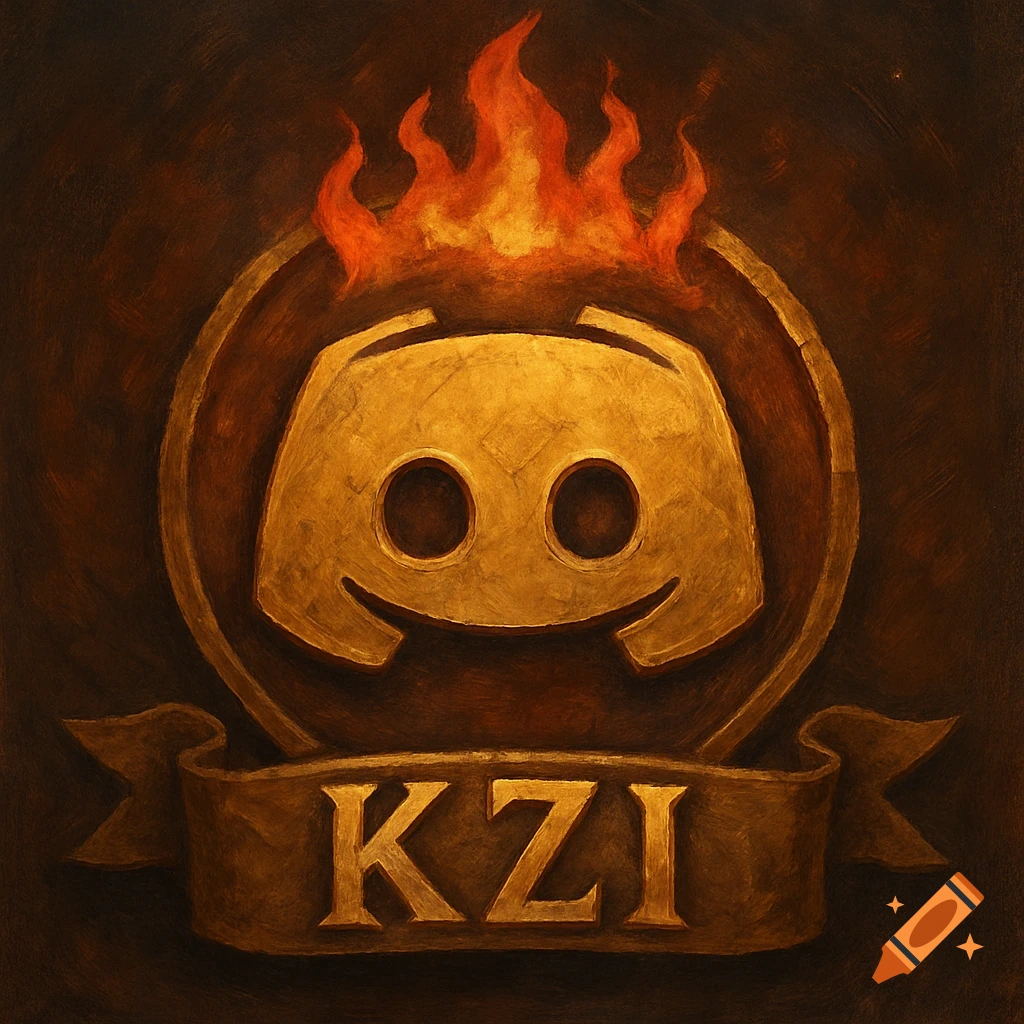 Golden Discord logo emblem with flames above, banner with 'KZI' below ...
